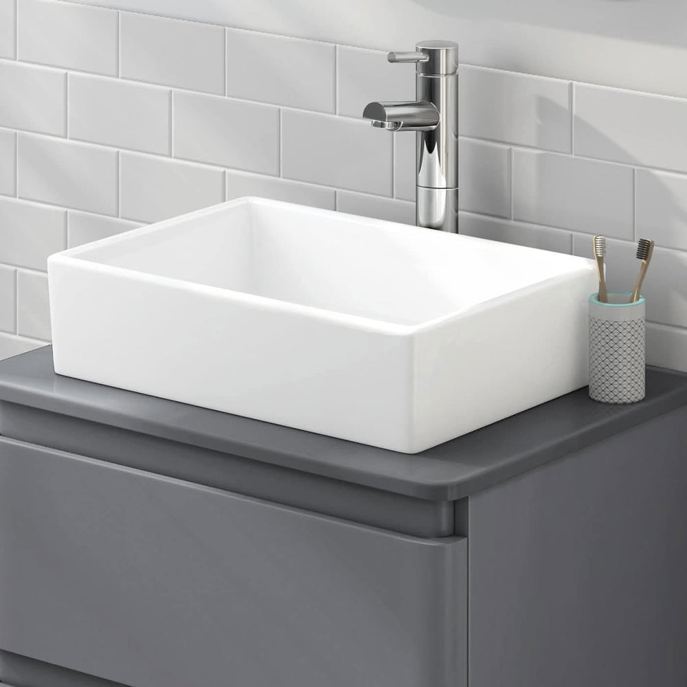 Modern Rectangular Ceramic Countertop Basin - 480mm x 390mm - Gloss Wh